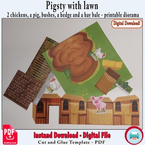 Pigsty With Lawn, 2 Chickens, a Pig, Some Bushes, a Hedge and a Hay ...