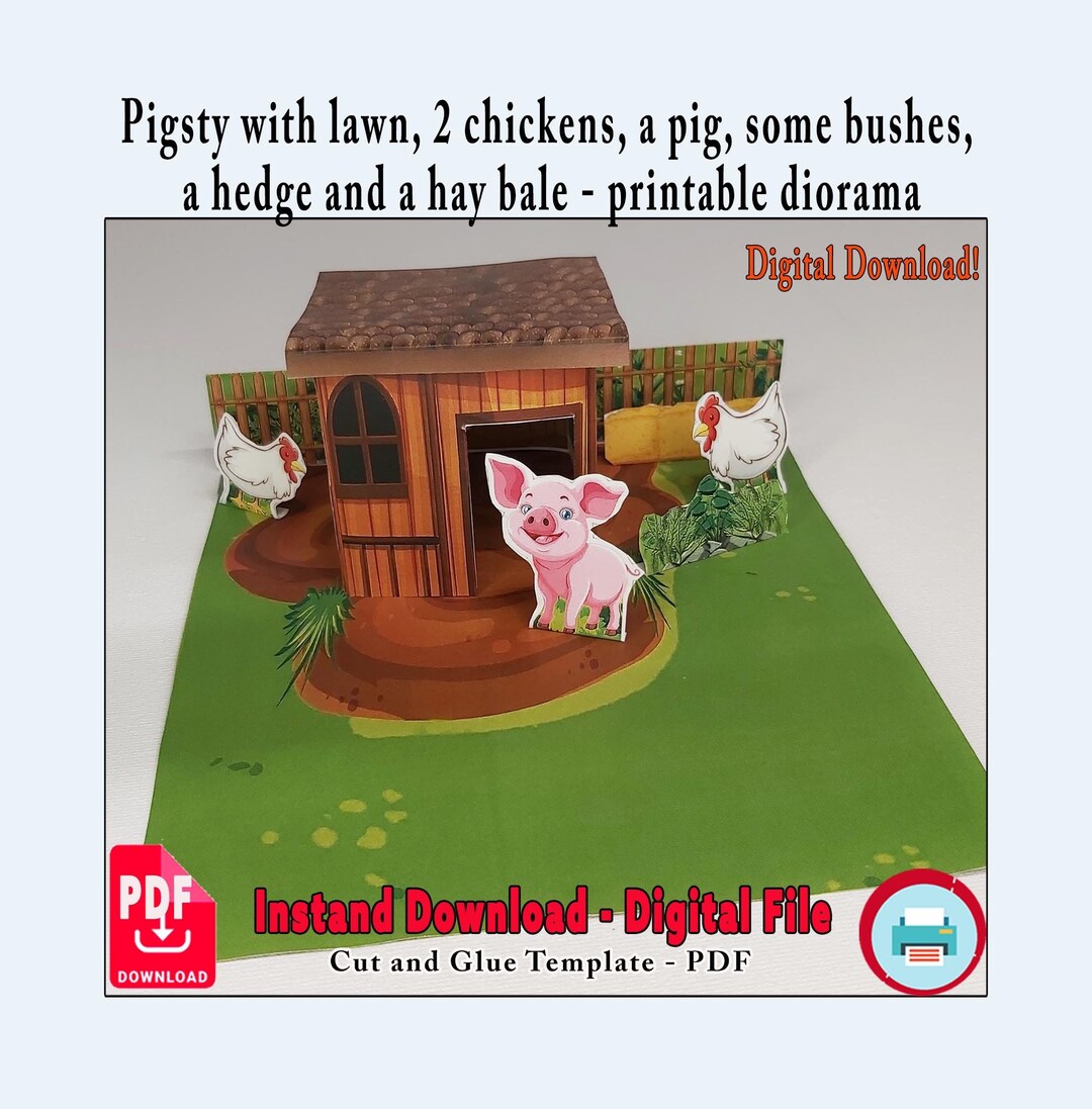 Pigsty With Lawn, 2 Chickens, a Pig, Some Bushes, a Hedge and a Hay ...