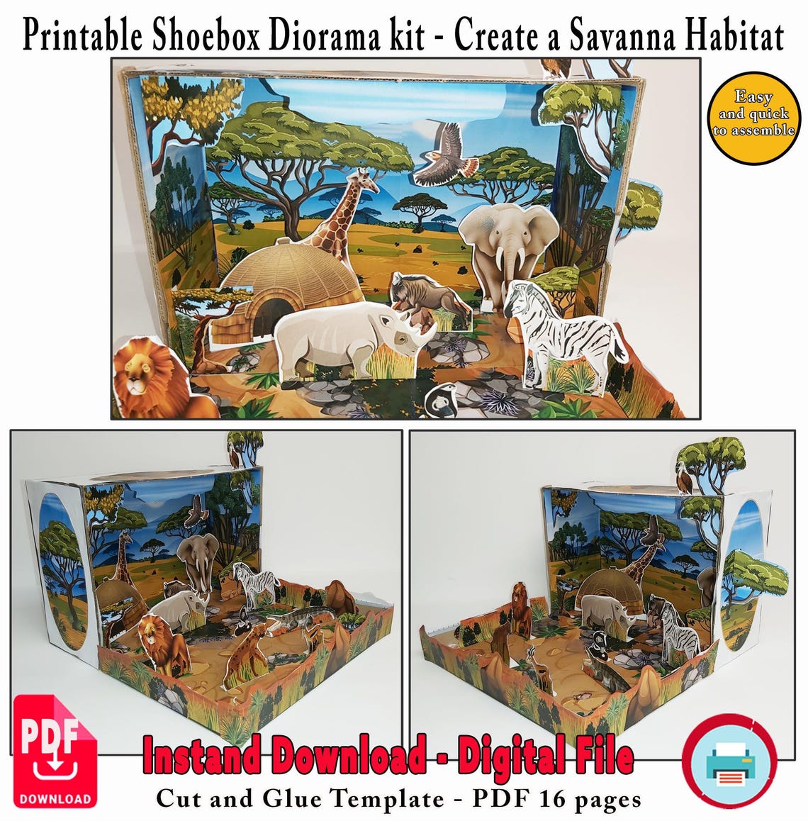 Printable Shoebox Diorama Kit, Create a Savanna Habitat, Animals ...