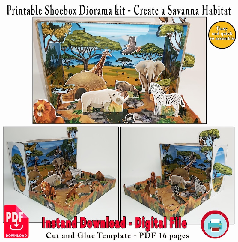Printable Shoebox Diorama Kit, Create a Savanna Habitat, Animals ...