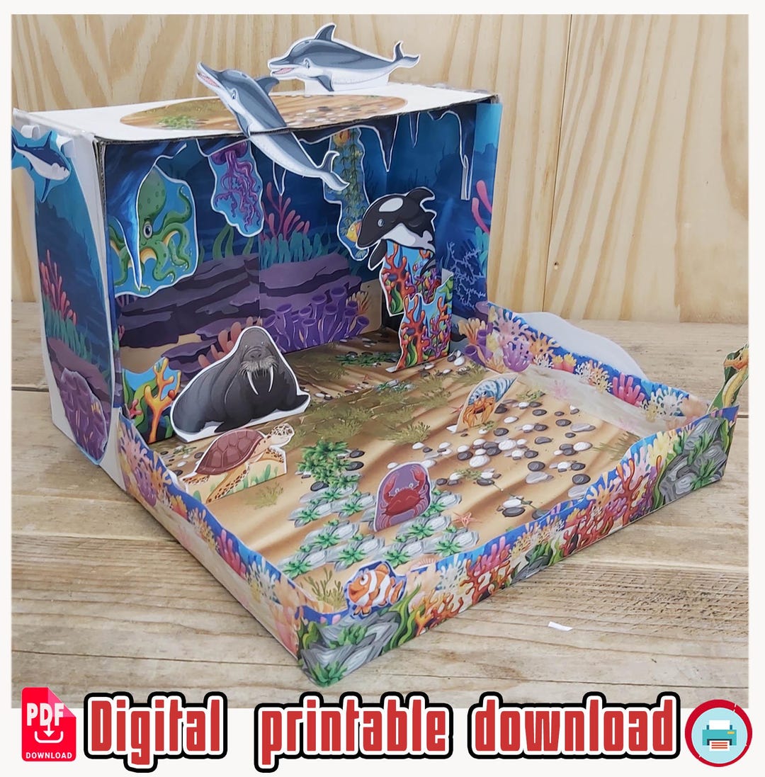 Printable Diorama Cut & Paste Shoebox Project, Create a Ocean Habitat, Paper Doll Theater, Stop ...