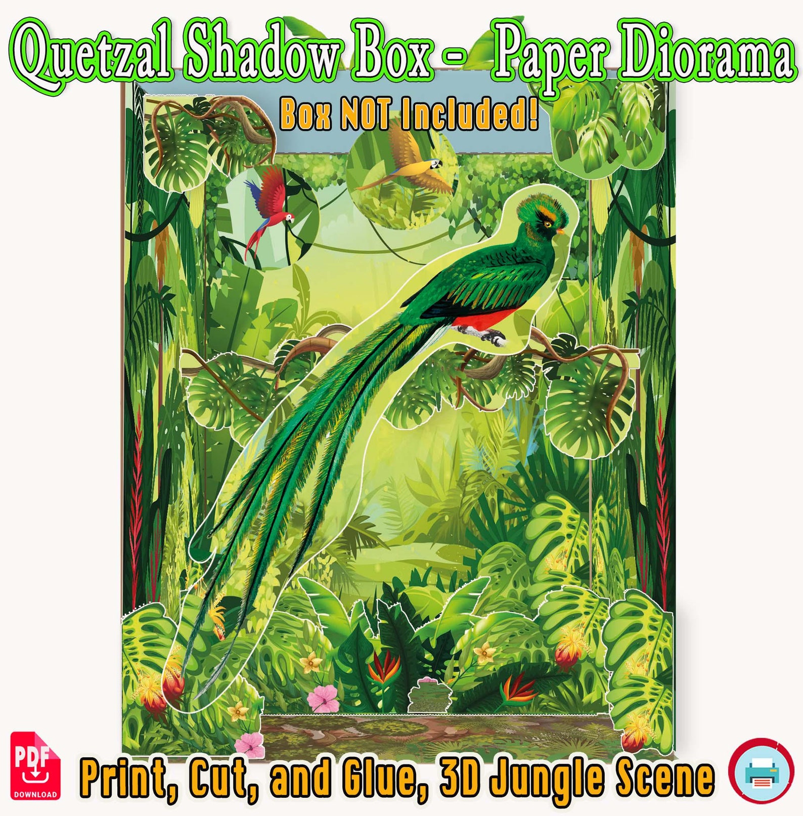 Quetzal Bird Diorama Papercraft – Tropical Rainforest Bird Craft ...