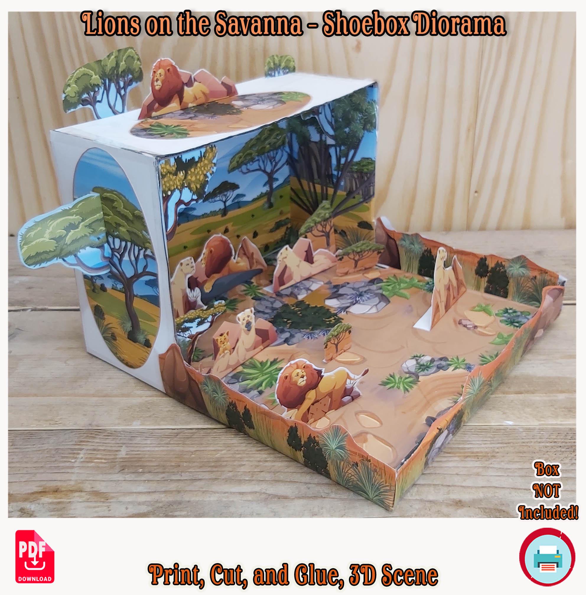 Lions on the Savanna – Printable Shoebox Diorama Kit | 3D Paper Craft ...