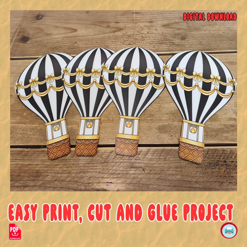 3D Hot Air Balloon Papercraft PDF, Black Gold Paper Craft Template, DIY ...