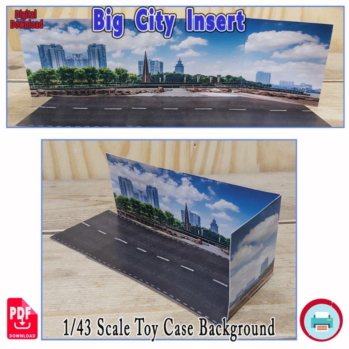 1/43 Printable Model Car Display Backdrop – Big City Scene With Side ...