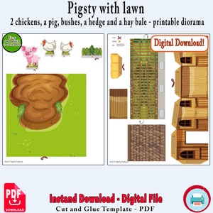 Pigsty With Lawn, 2 Chickens, a Pig, Some Bushes, a Hedge and a Hay ...
