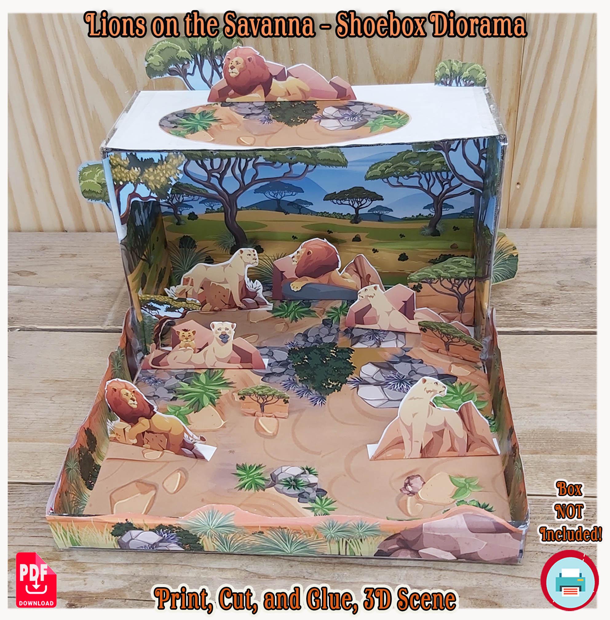 Lions on the Savanna – Printable Shoebox Diorama Kit | 3D Paper Craft ...