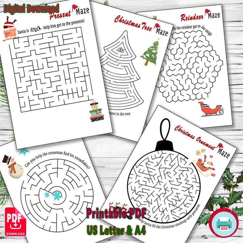 Christmas Maze Printable: Kids Holiday and Christmas Activity, Sheets ...