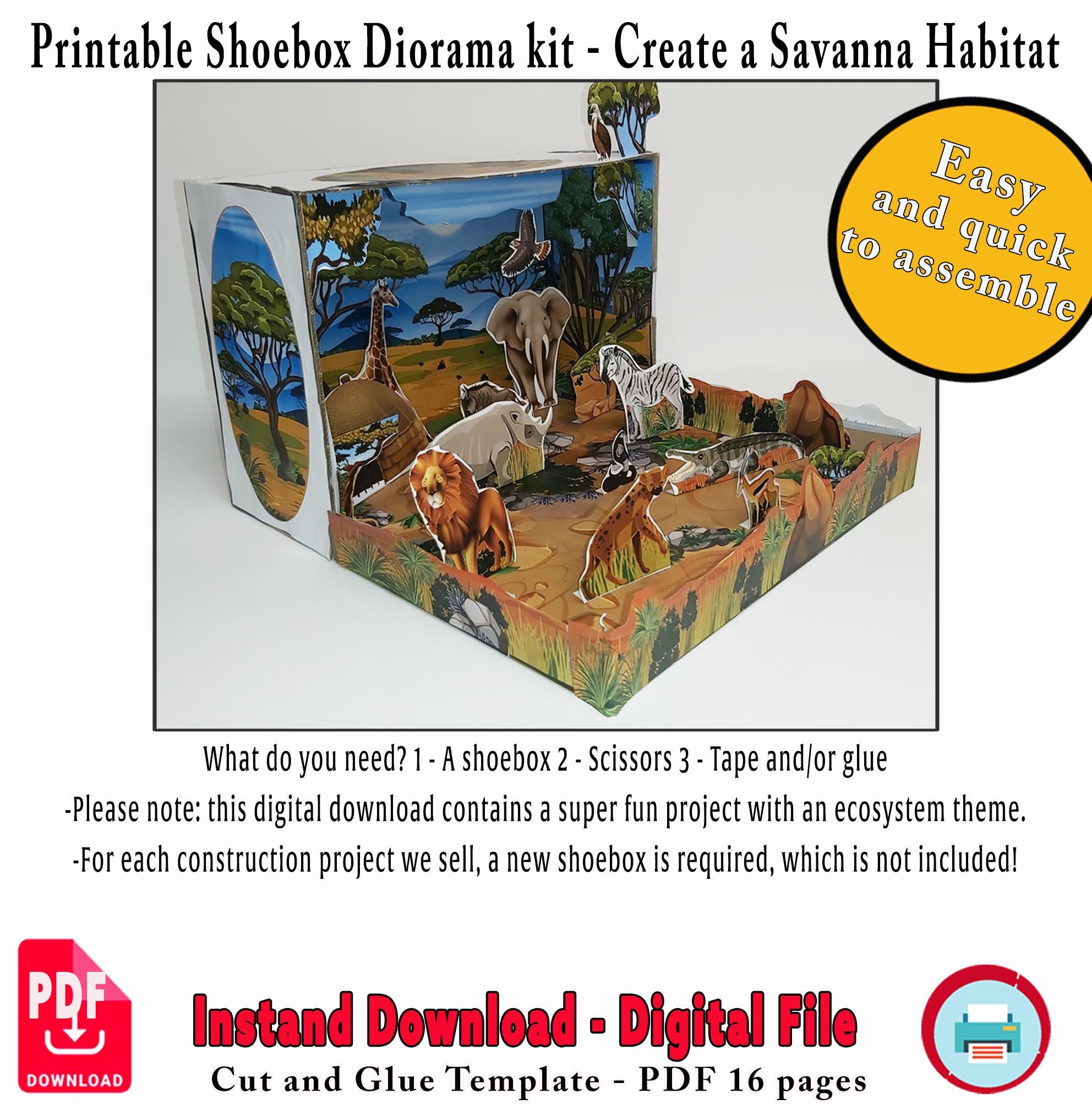 Printable Shoebox Diorama Kit, Create a Savanna Habitat, Animals ...