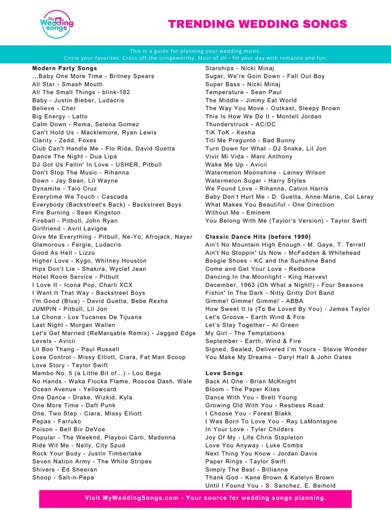 100 Trending Wedding Songs Printable PDF Wedding Planning Music Ideas ...