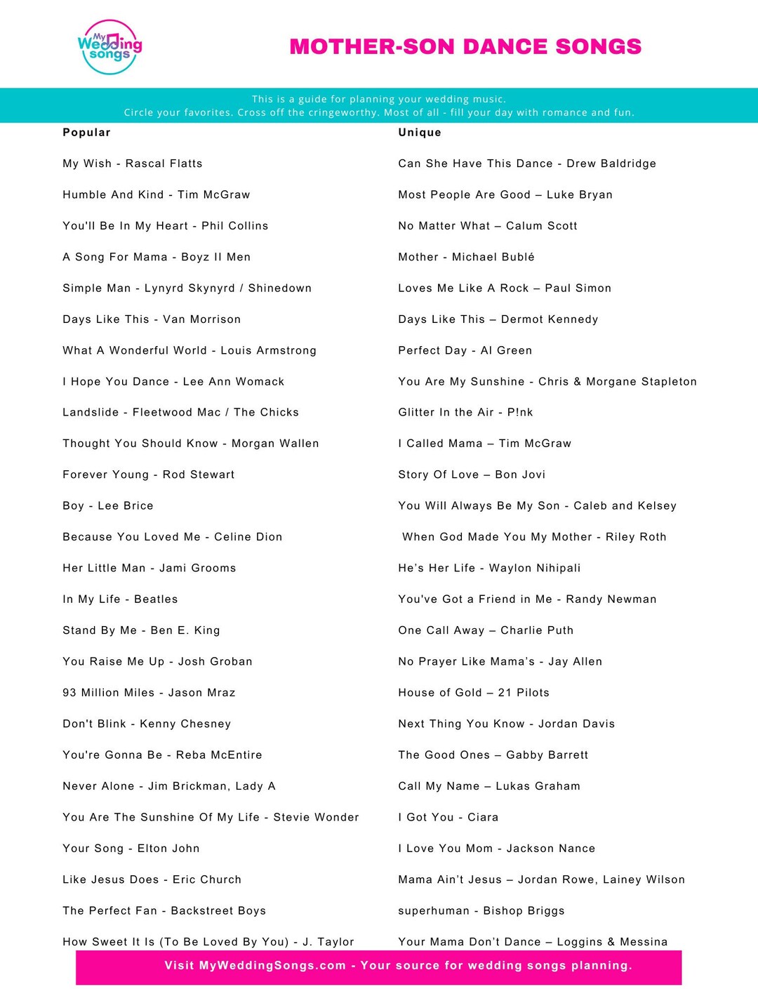 Mother Son Dance Songs Printable PDF Wedding Planning Music Ideas - Etsy