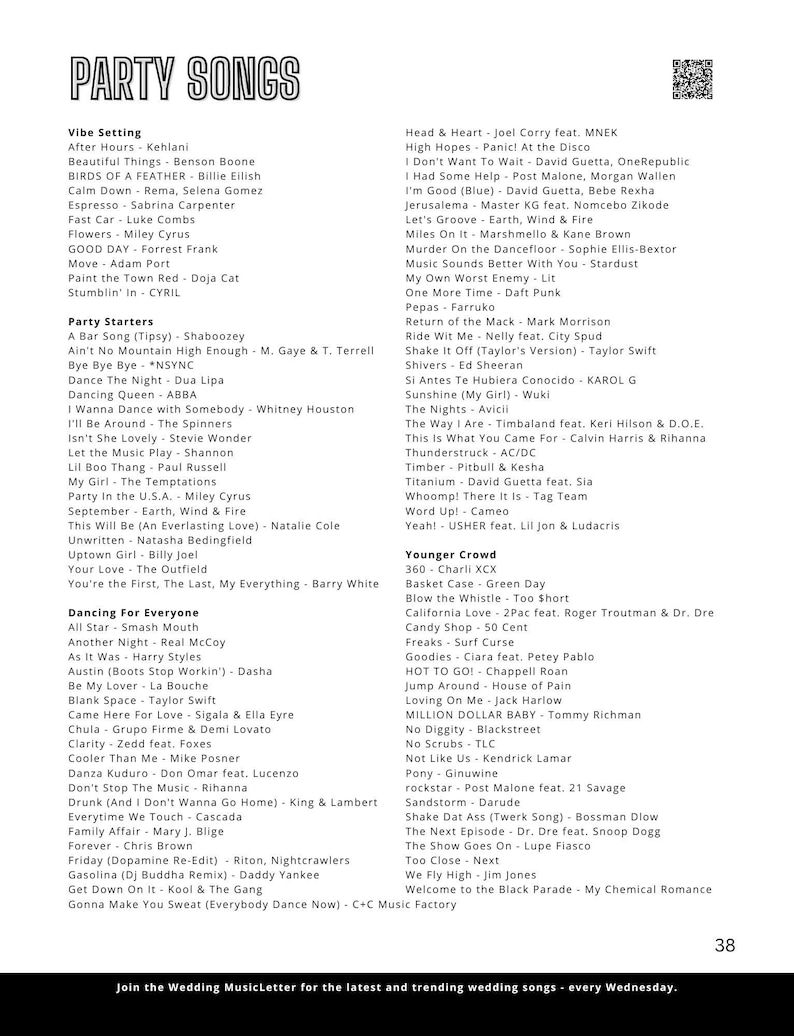 Best Party Songs Printable PDF | Wedding Planning Music Ideas - Etsy