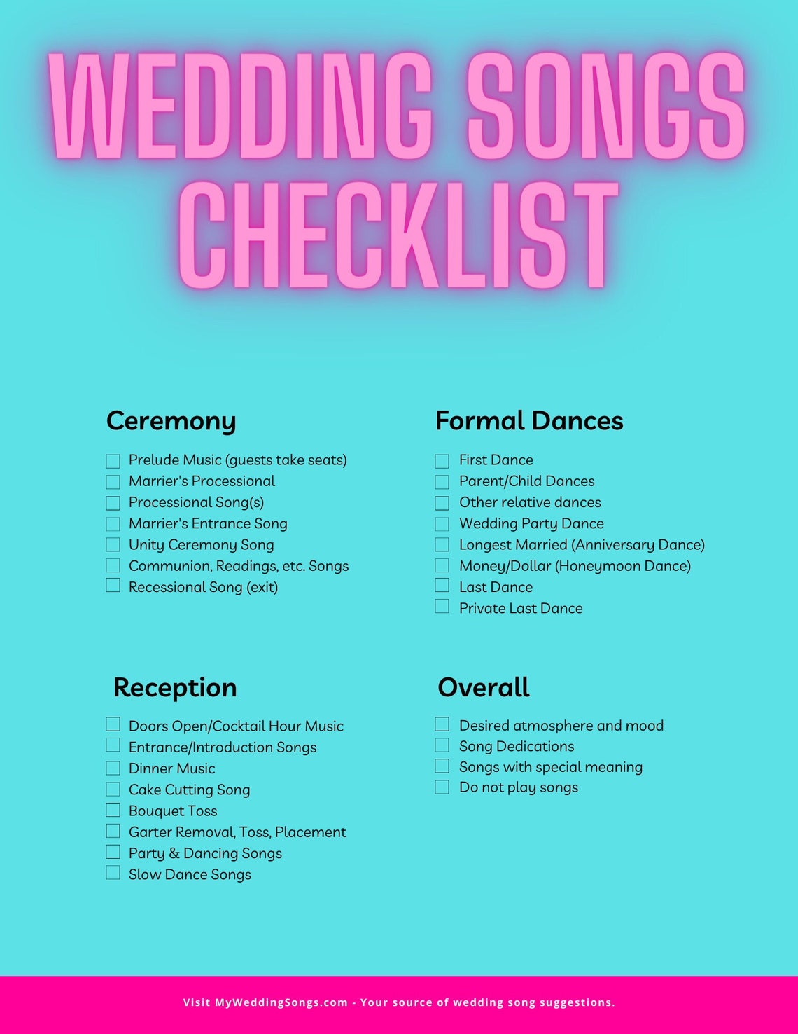 Wedding Songs Checklist Printable PDF | Wedding Planning Music ...