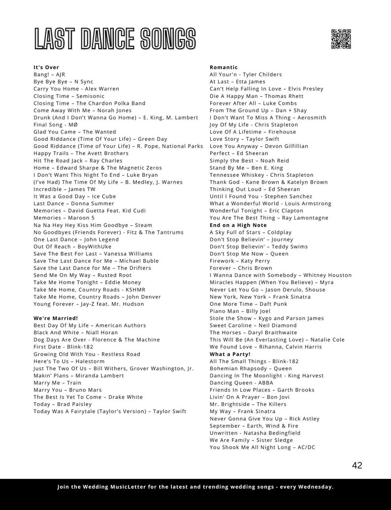 Last Dance Songs Printable PDF | Wedding Planning Music Ideas - Etsy