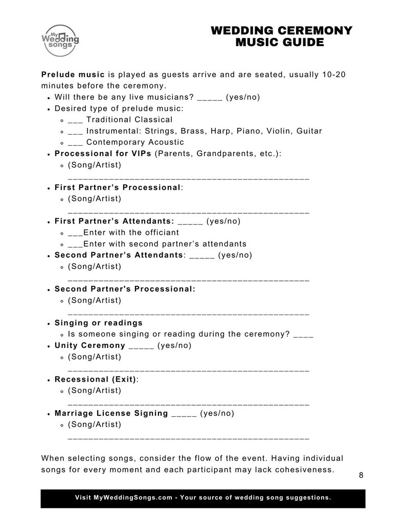 Wedding Music Planner Book PDF | Wedding Song Lists Printable - Etsy