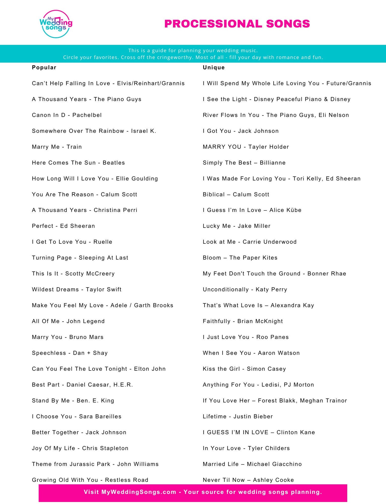 Processional Songs Printable PDF Wedding Planning Music Ideas - Etsy UK