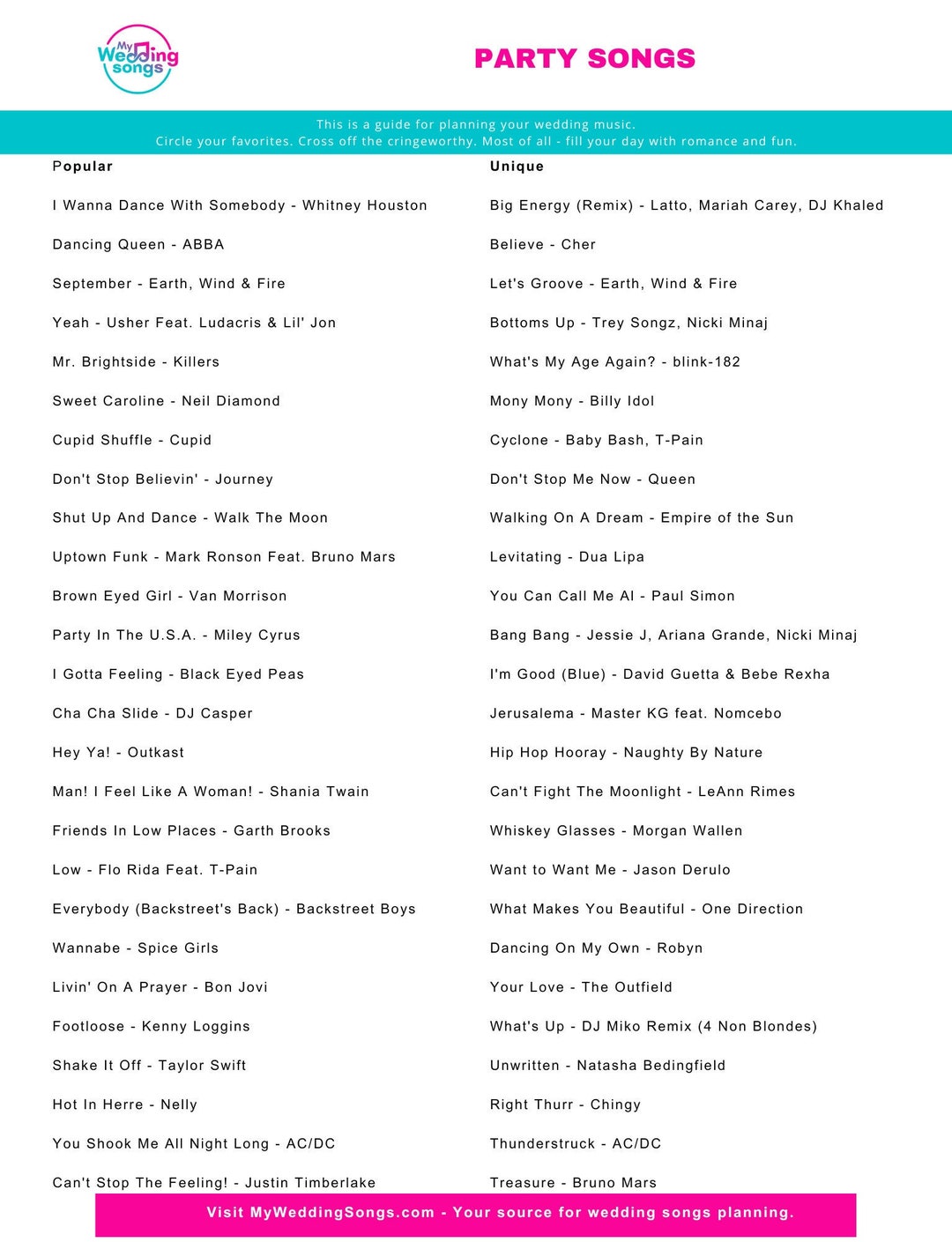 Best Party Songs Printable PDF Wedding Planning Music Ideas - Etsy