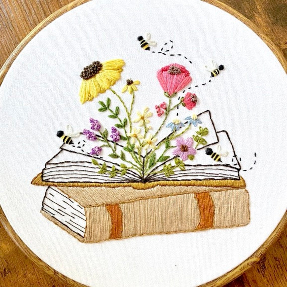 Embroidery Pattern Books and Flowers Bumblebees Reading - Etsy