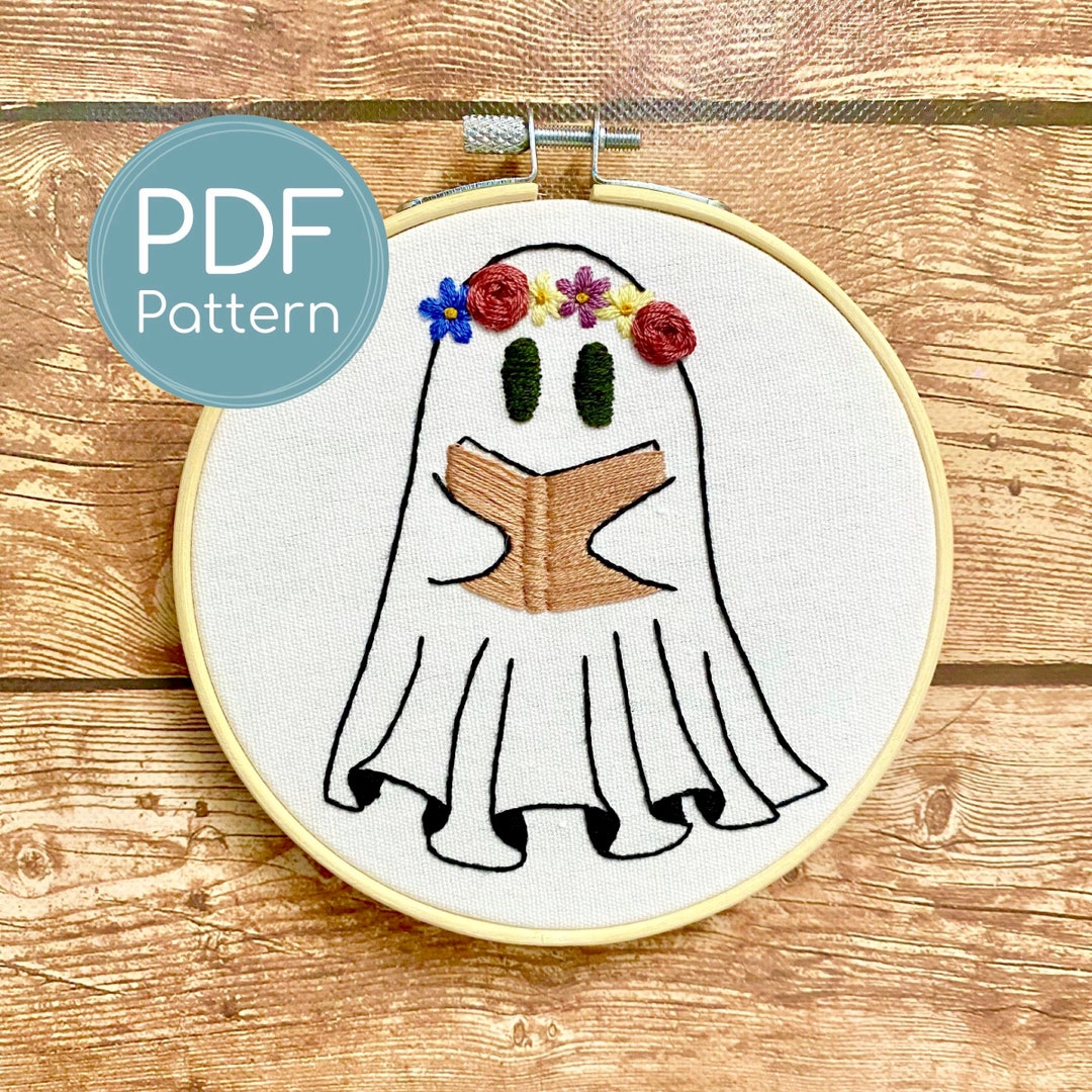 Embroidery Pattern, Ghost With Book, Ghost With Flower Crown, Cute ...
