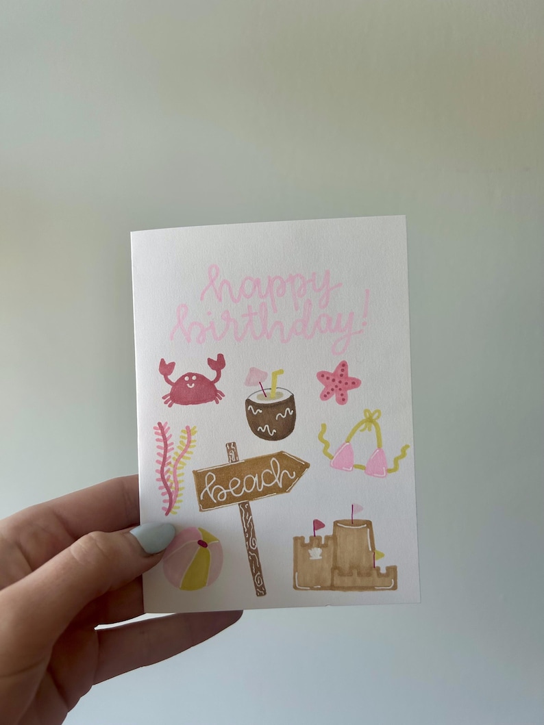 Beach Birthday Card | Handmade Summer Card | Pink or Neutral Design ...