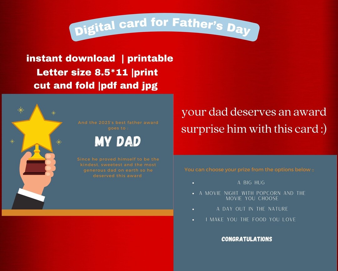 Fathers Day Award Card Fathers Day Card Fathers Day Gift Printable Card ...