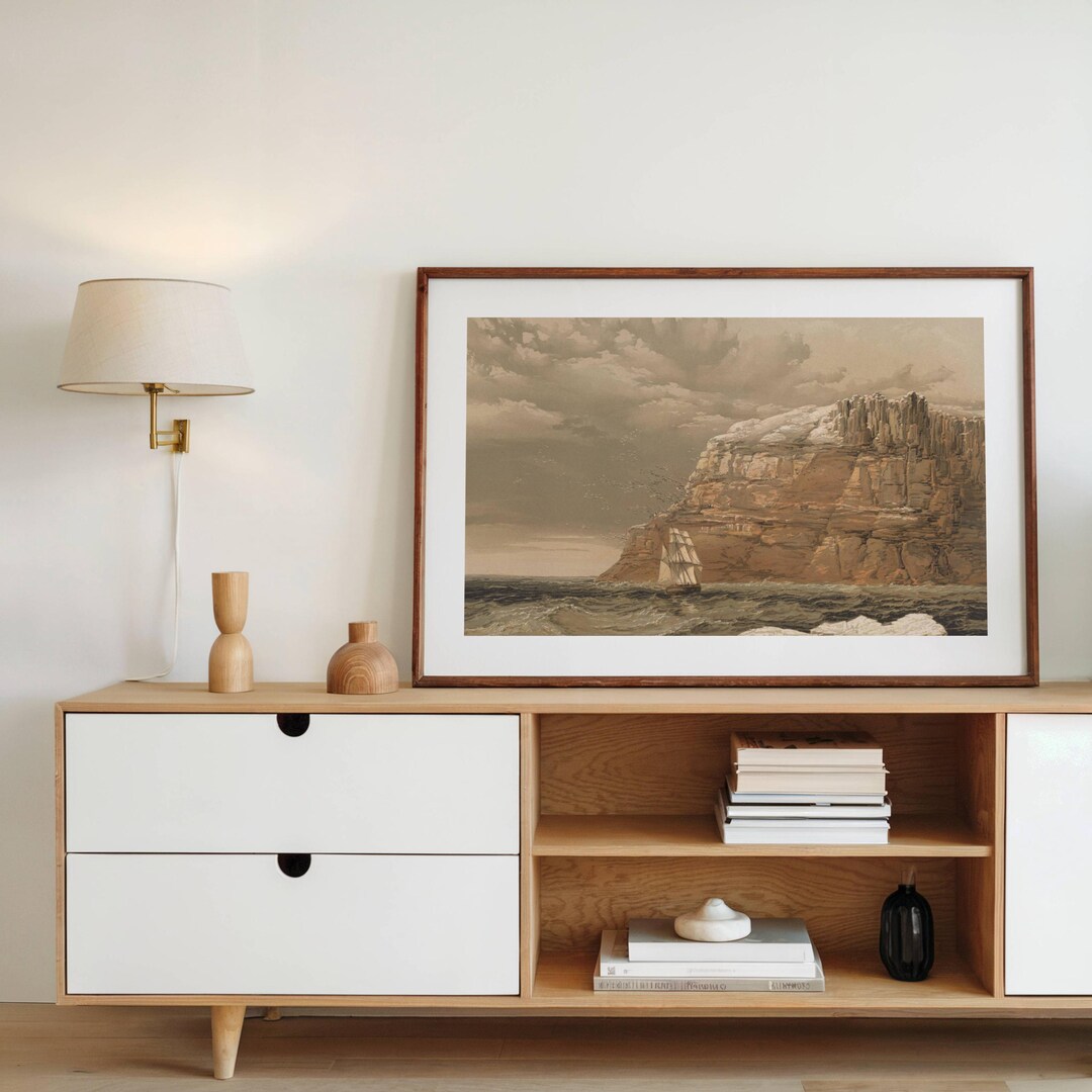 Rustic Coastal Cliff Printable Wall Art | Vintage Shoreline Landscape ...