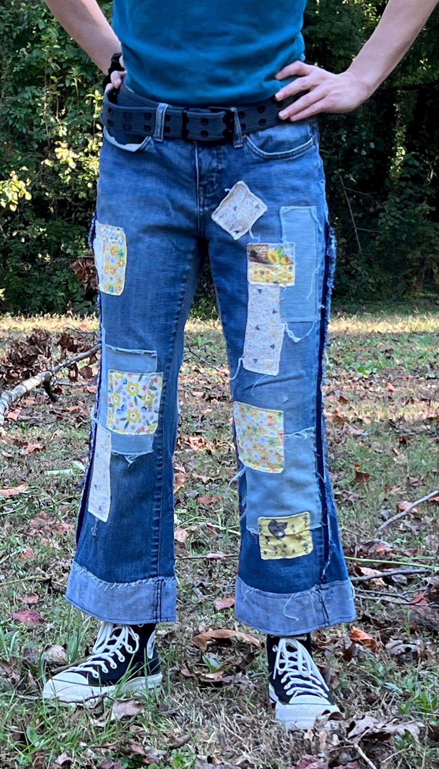 Upcycled Reworked Patchwork Hippie Boho Distressed Cropped Cuffed ...