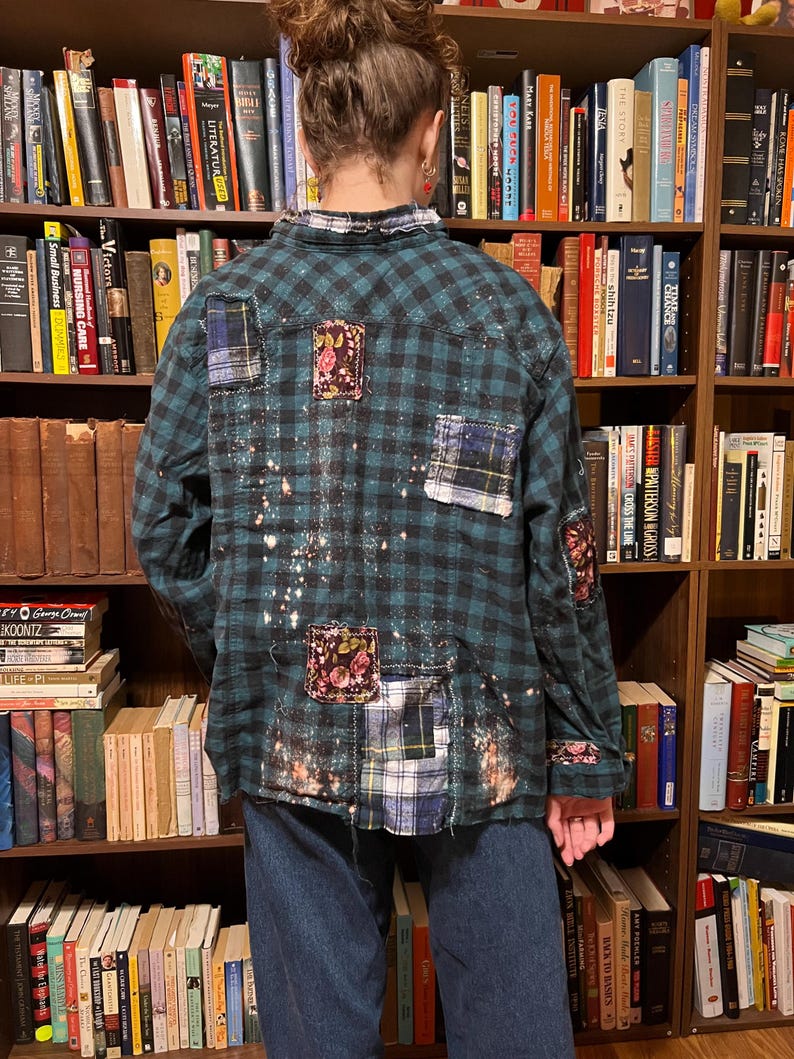 Upcycled Flannel Shirt – Bleached & Patched Plaid Button-up, Rustic ...