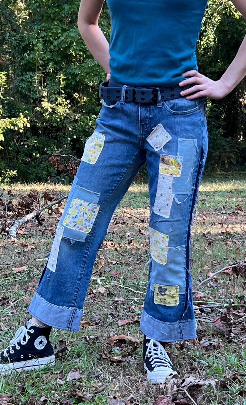 Upcycled Reworked Patchwork Hippie Boho Distressed Cropped Cuffed ...