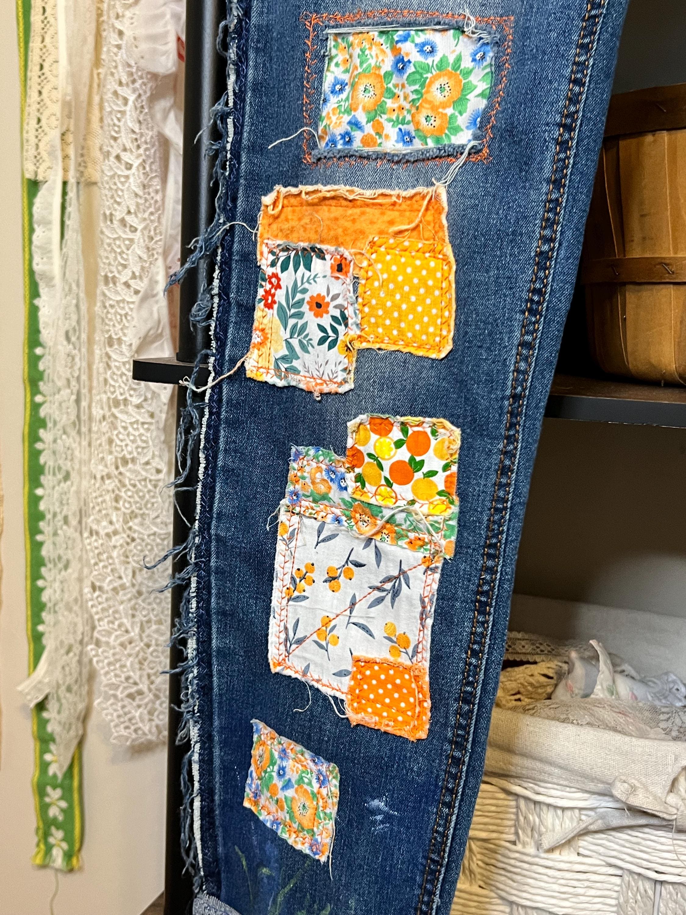 Hand-painted Koi Fish Jeans, Upcycled Patchwork Denim With Distressed ...
