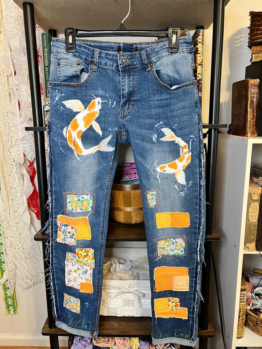 Hand-painted Koi Fish Jeans – Upcycled Patchwork Denim With Inside-out ...