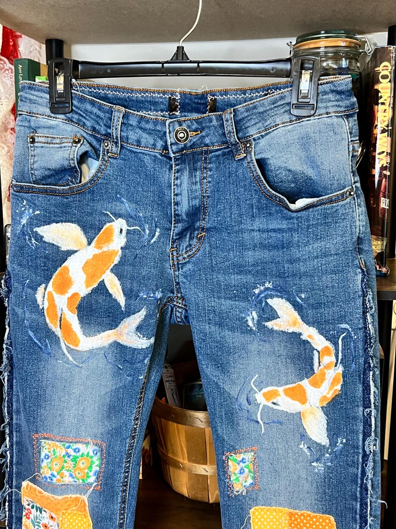 Hand-painted Koi Fish Jeans – Upcycled Patchwork Denim With Inside-out ...