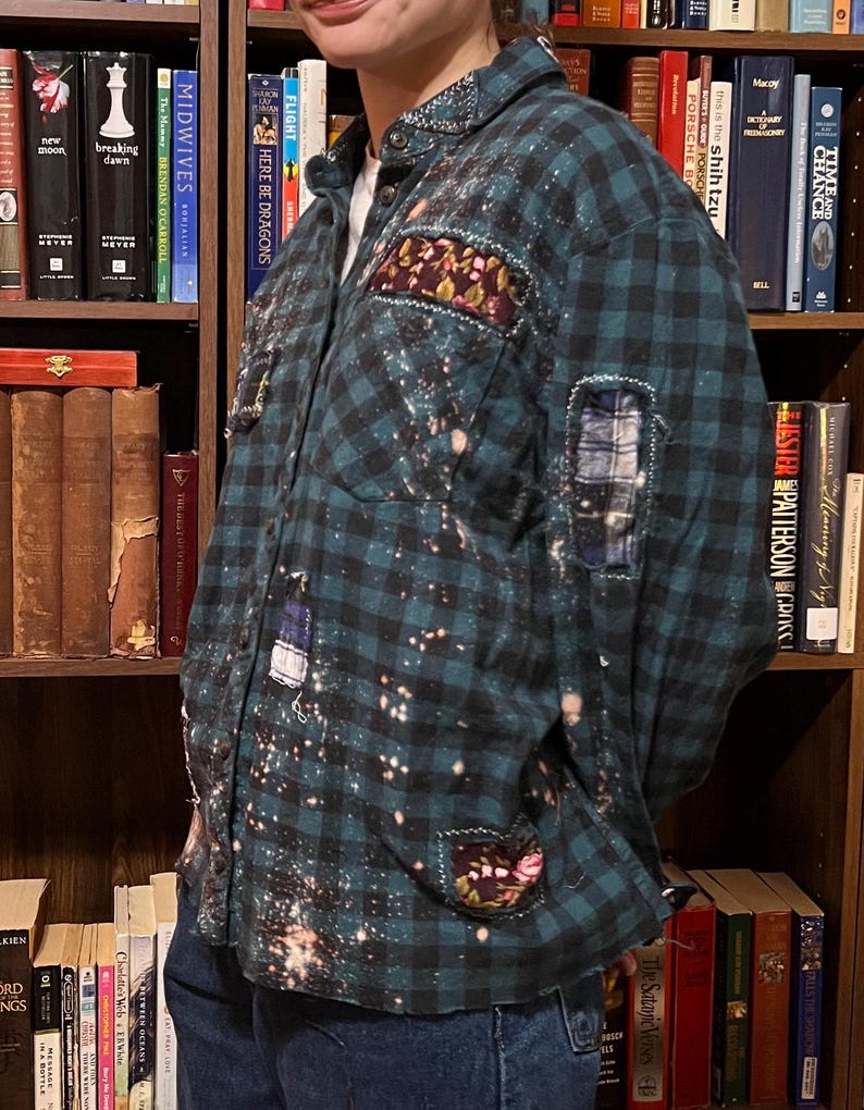 Upcycled Flannel Shirt – Bleached & Patched Plaid Button-up, Rustic ...