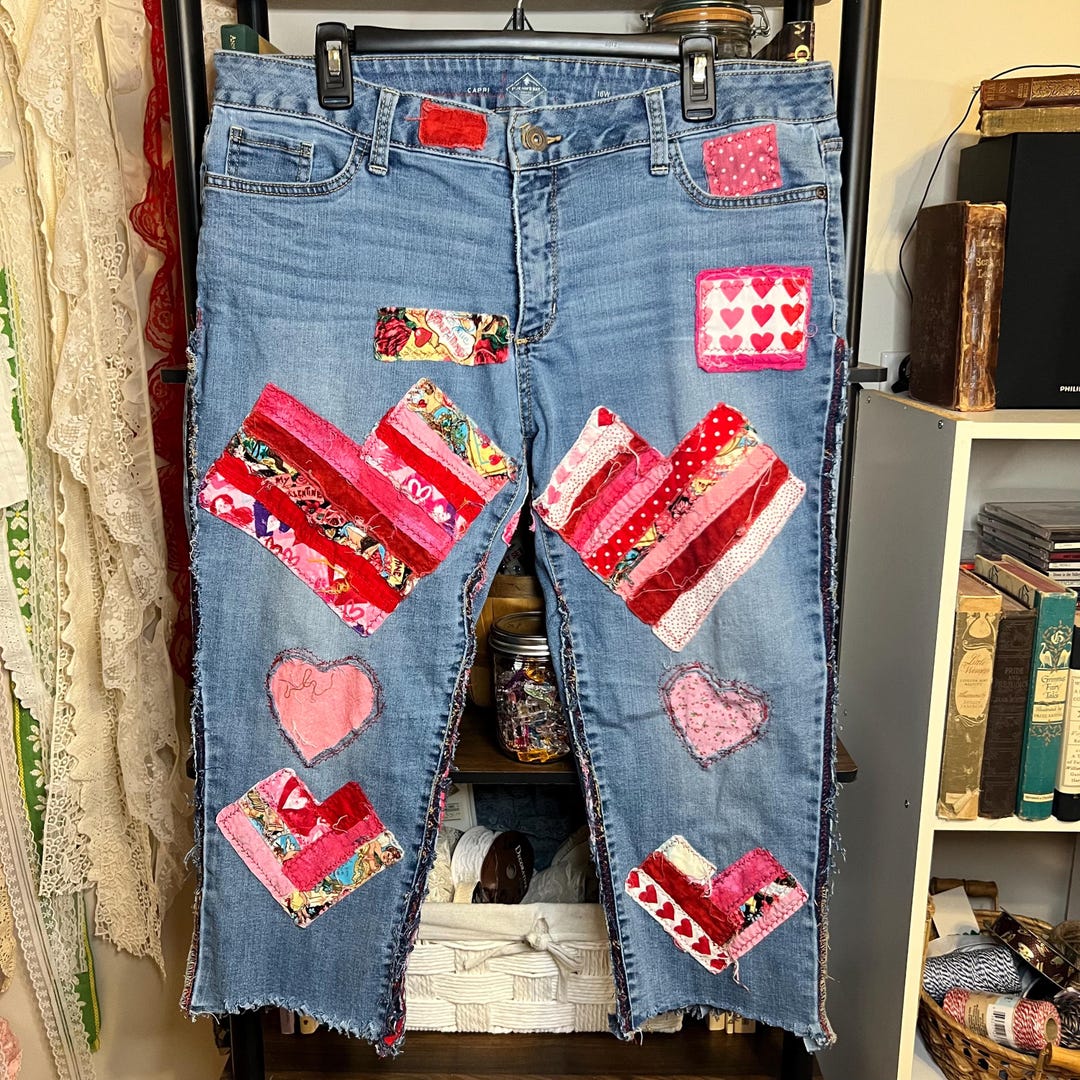 Upcycled Reworked Valentine's Day Patched Boho Distressed Cropped ...