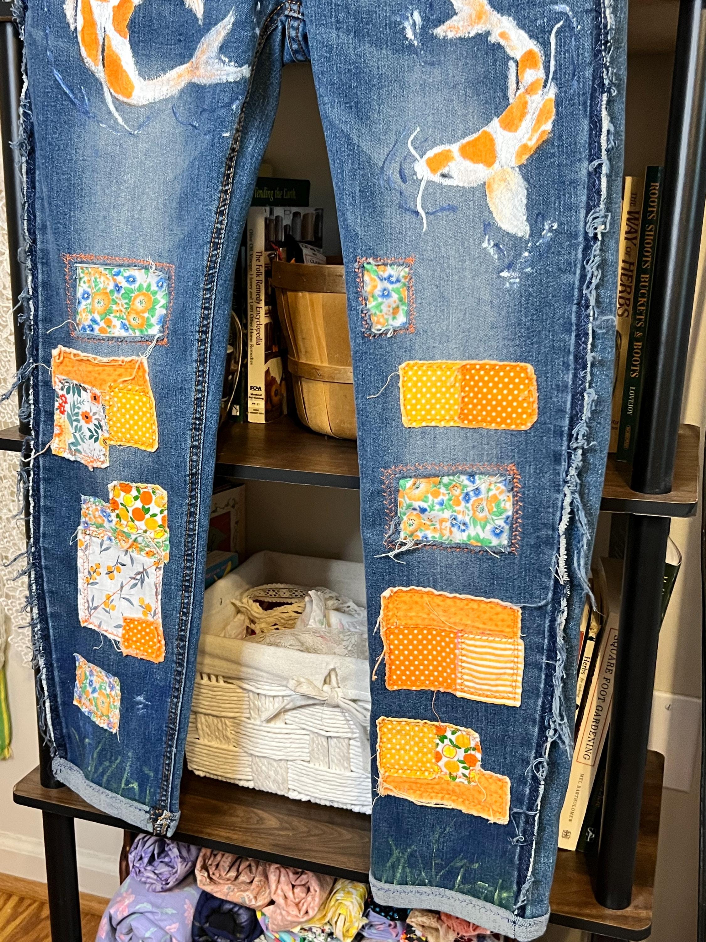 Hand-painted Koi Fish Jeans – Upcycled Patchwork Denim With Inside-out ...
