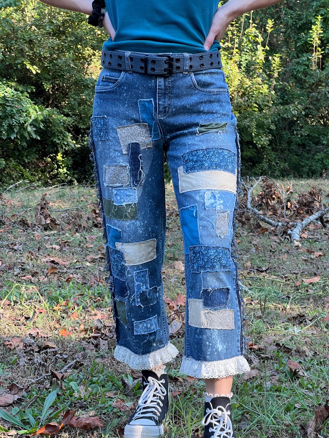 Upcycled Reworked Patchwork Hippie Boho Distressed Cropped Shabby Chic ...