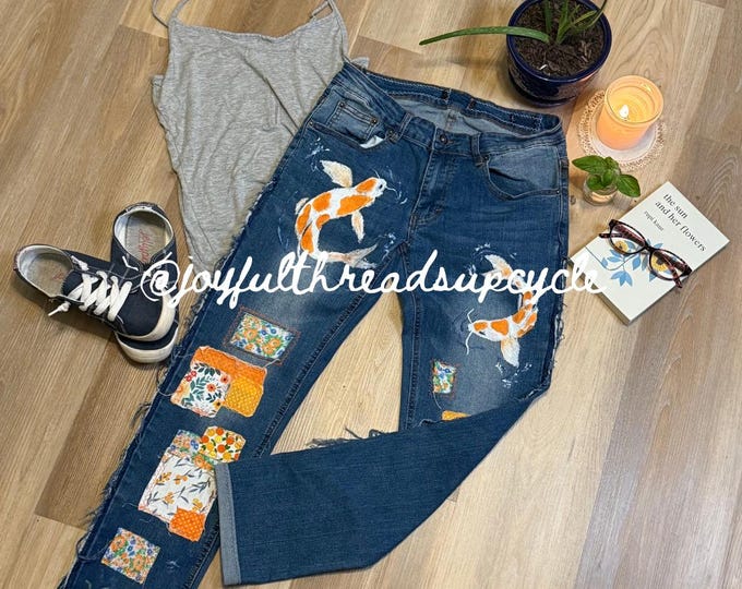 Hand-painted Koi Fish Jeans, Upcycled Patchwork Denim With Distressed ...