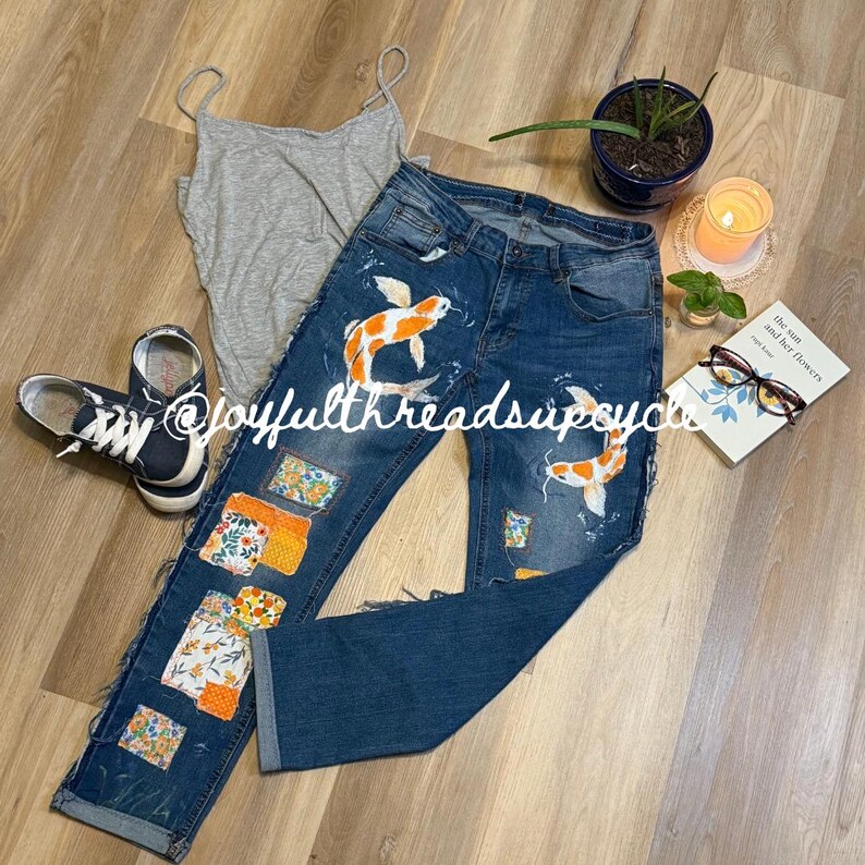 Hand-painted Koi Fish Jeans, Upcycled Patchwork Denim With Distressed ...