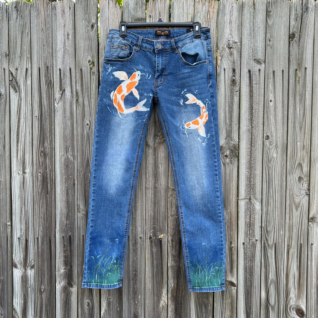 Upcycled Hand Painted Jeans Boho Hippie Wearable Art Koi Fish Unisex ...