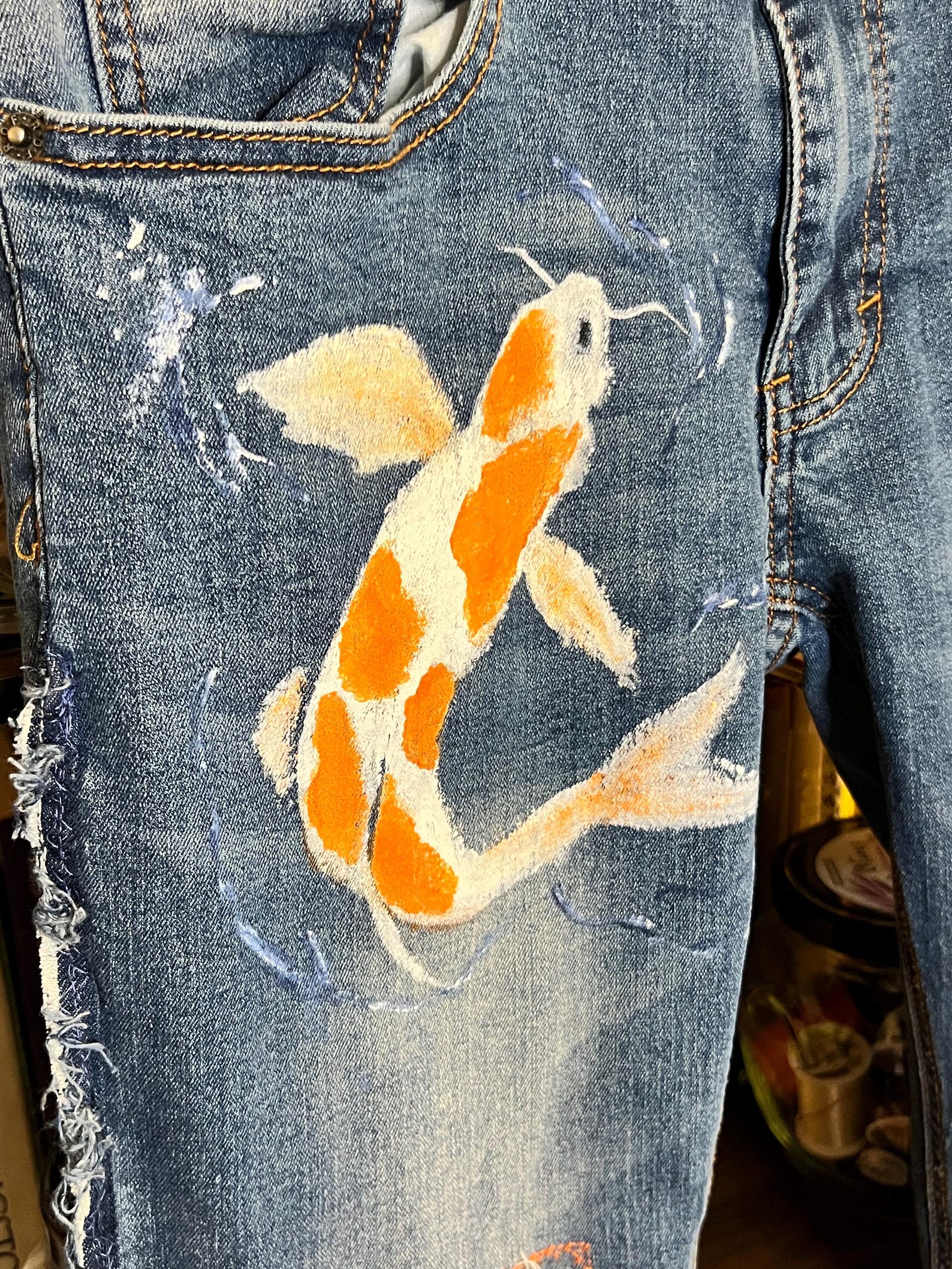 Hand-painted Koi Fish Jeans – Upcycled Patchwork Denim With Inside-out ...