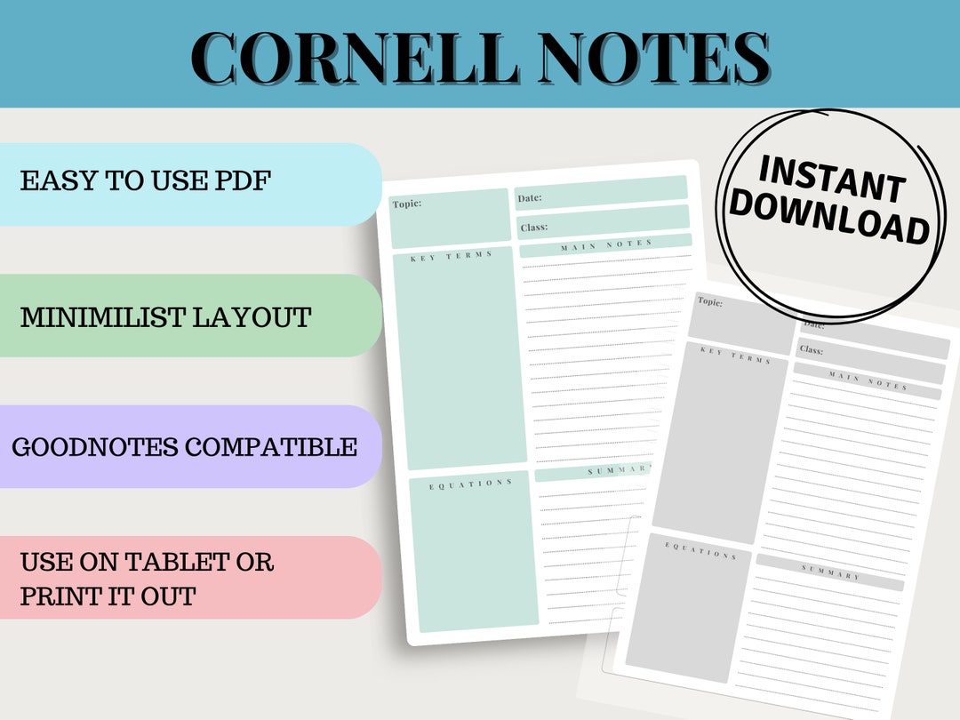 Digital or Printable Cornell Notes Method Paper, Print at Home Cornell ...
