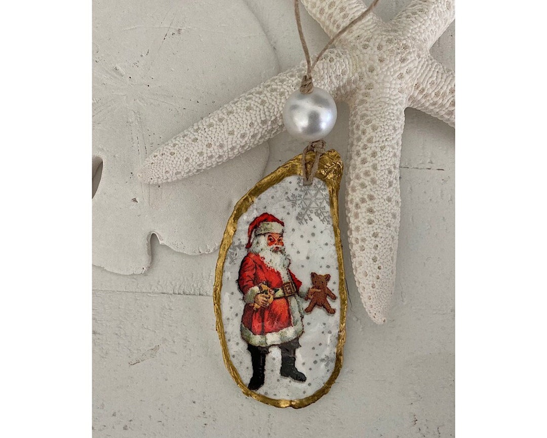 SANTA With TEDDY BEAR Oyster Shell Ornament. Seashell Christmas ...