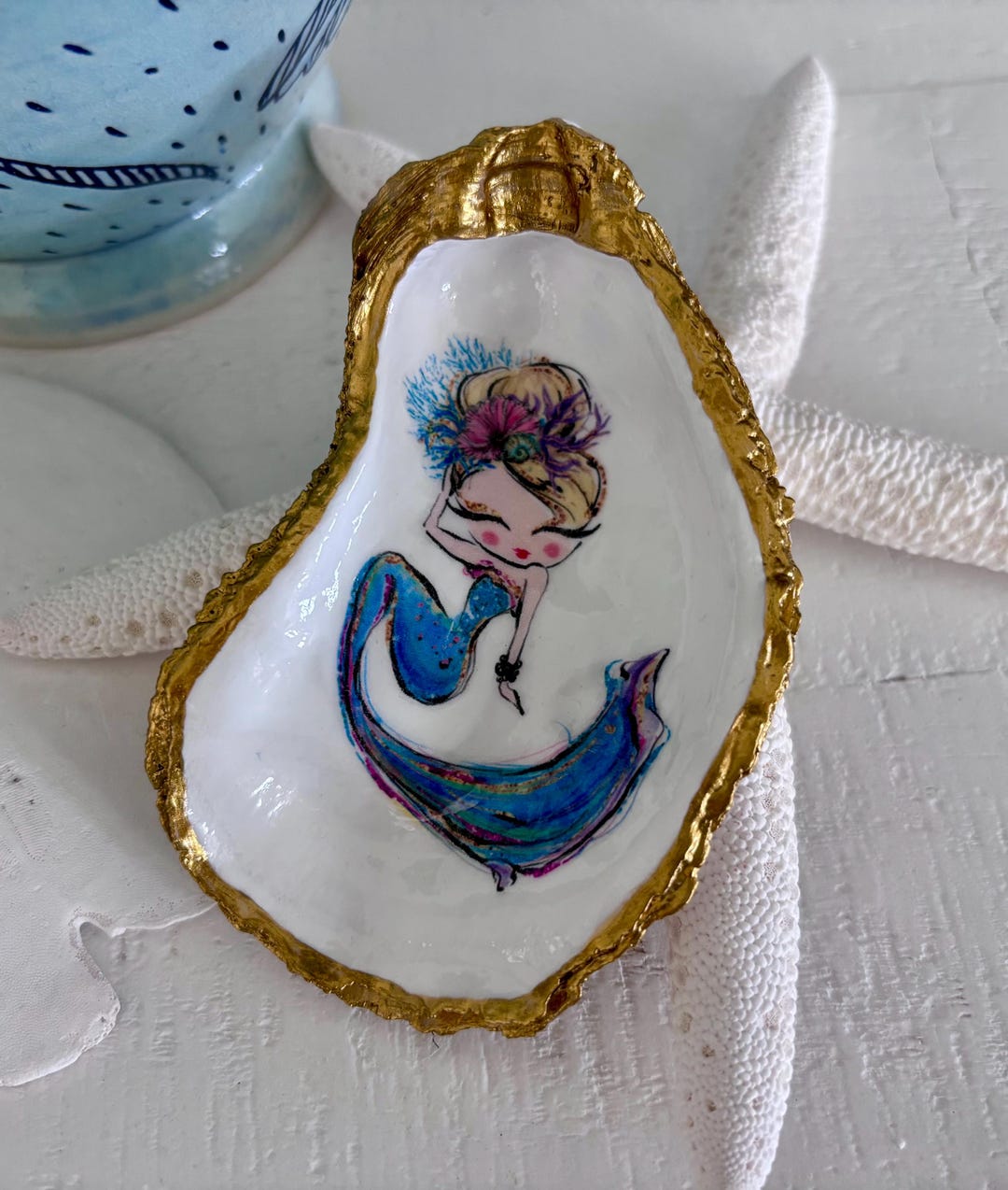 Decoupage Mermaid Large Oyster Shell Trinket Dish: Kitsch Coastal Decor ...