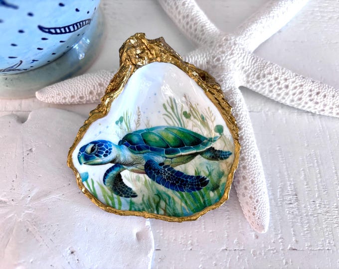 Loggerhead Turtle Oyster Shell Ring & Jewelry Trinket Dish, Coastal ...