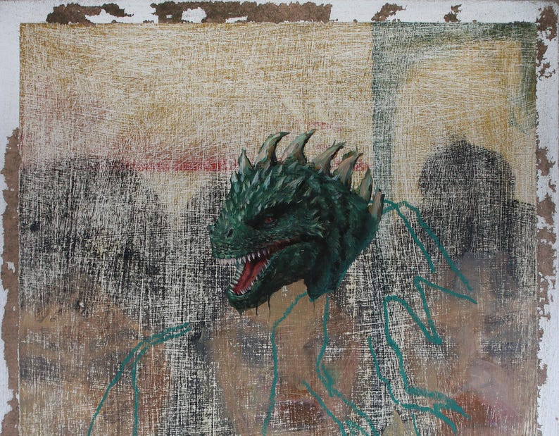 Half Baked Godzilla & the 3 Wishes, Multi Layered Painting Abstract ...