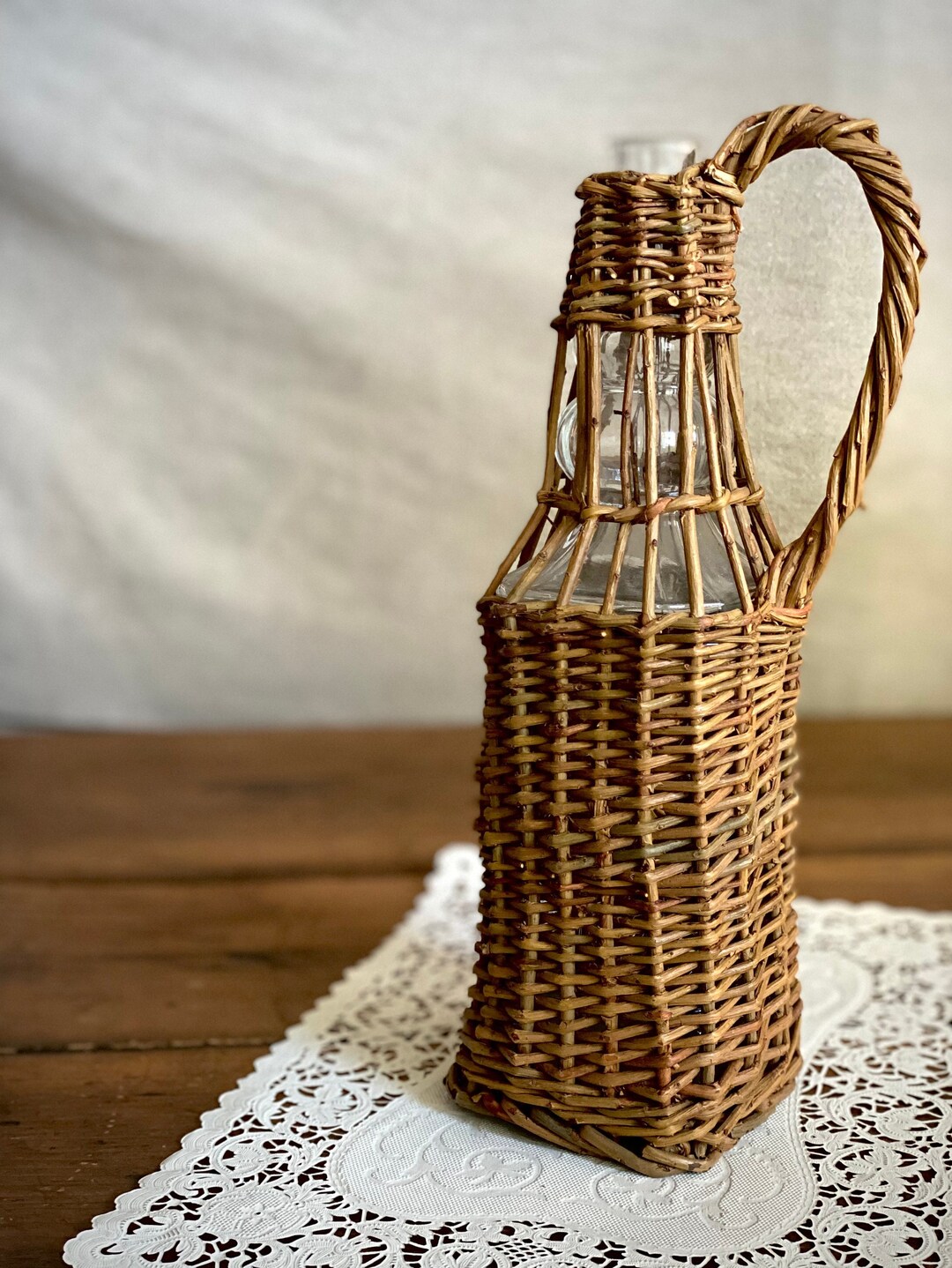 Vintage Covered Wicker Square Bottle - Etsy