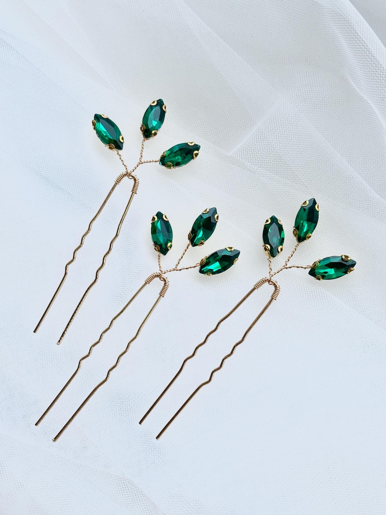 Crystal Hair Pins, Gold Bridal Hair Pins, Green Wedding Hair Pins ...