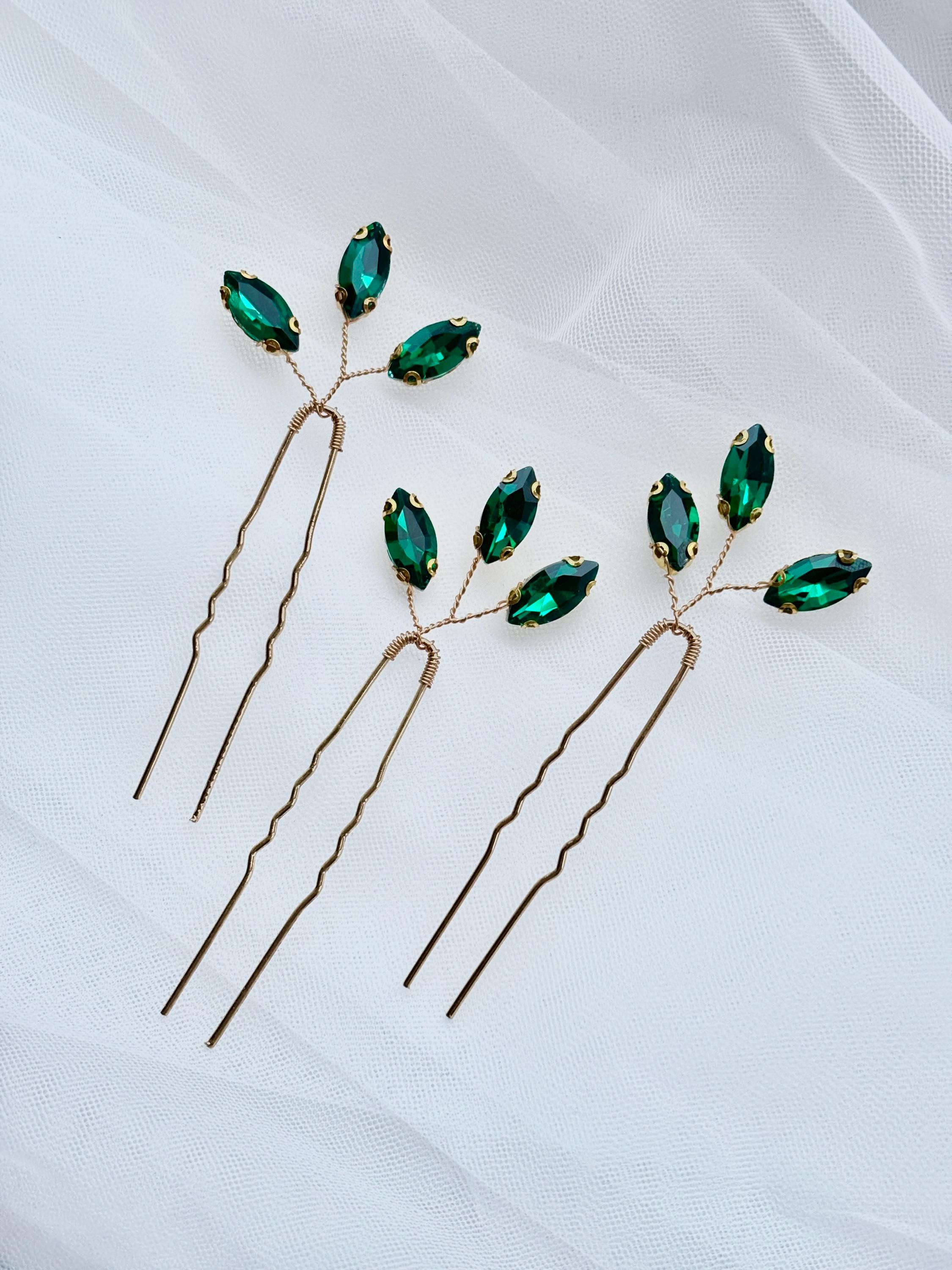 Crystal Hair Pins, Gold Bridal Hair Pins, Green Wedding Hair Pins ...