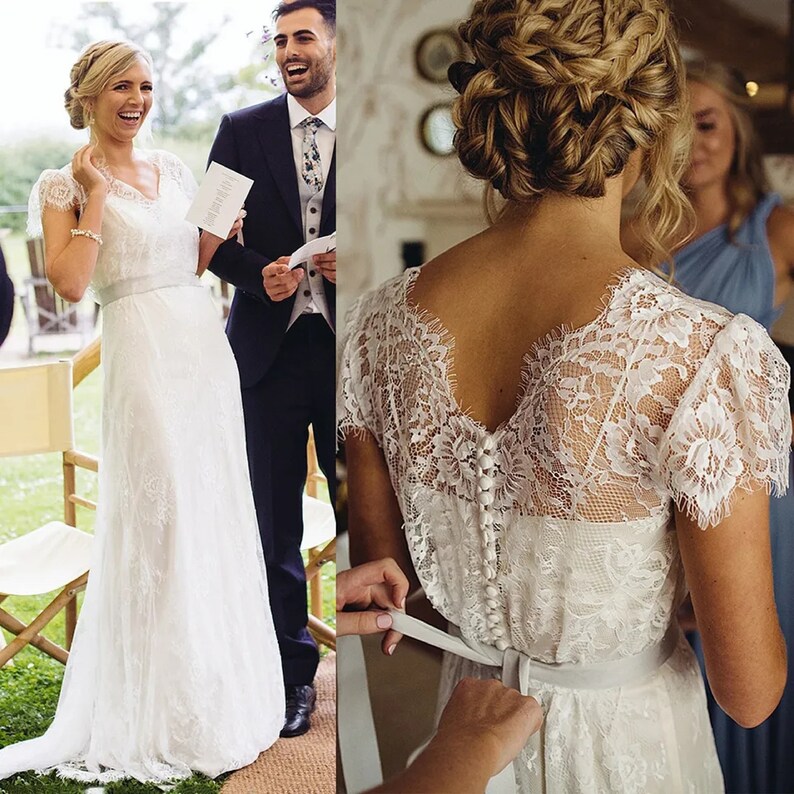 Boho Sheer Lace Wedding Dress A Line Wedding Gown Custom Wedding Dress ...