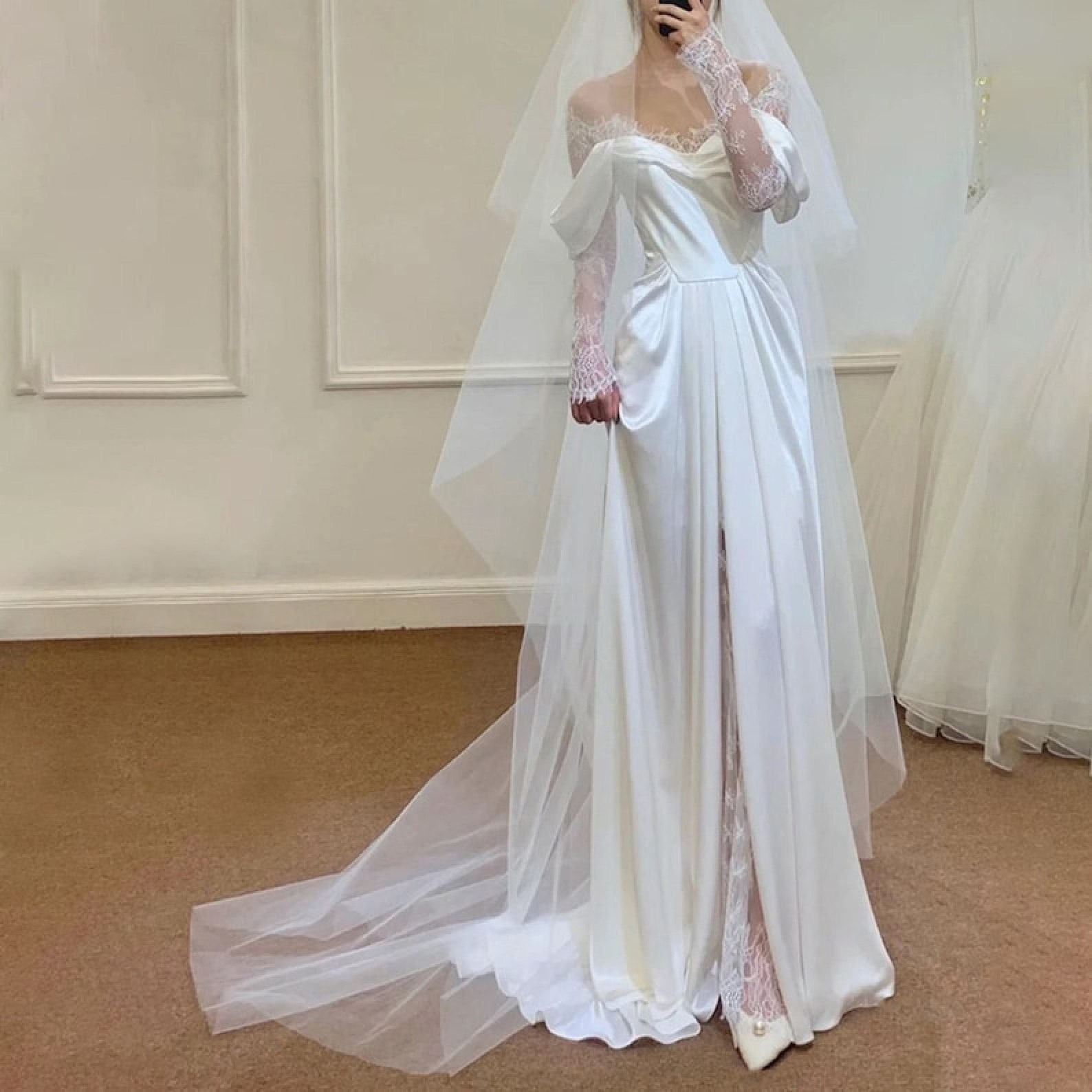 Ruched Satin off the Shoulder Wedding Dress Illusion Lace Dress Plus ...